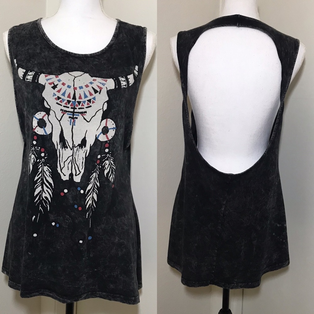 Vox Populi Longhorn Skull Graphic Sleeveless Tee - Gem